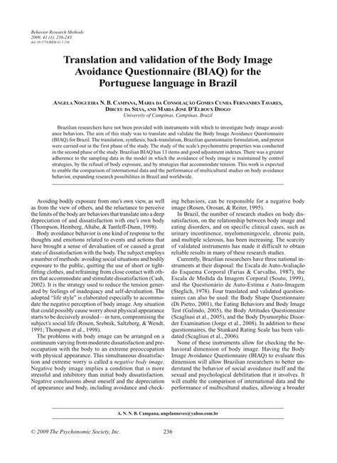 Pdf Translation And Validation Of The Body Image Avoidance Questionnaire Biaq For The