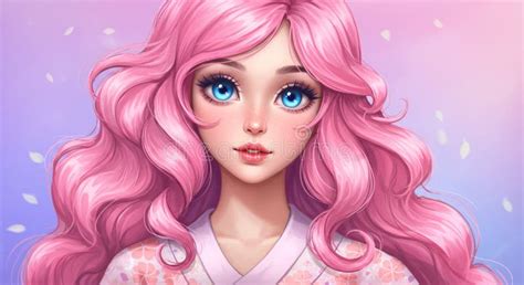 Anime Girl With Pink Hair And Blue Eyes In Dreamy Background Stock