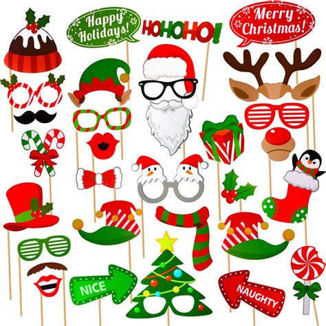 Jp クリスマス写真ブース小道具キット 32個 Diyフォトブース小道具 ポーズサインキット 大人 子供 クリスマスパーティー用品 おもちゃ