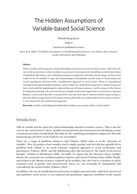 Pdf The Hidden Assumptions Of Variable Based Social Science