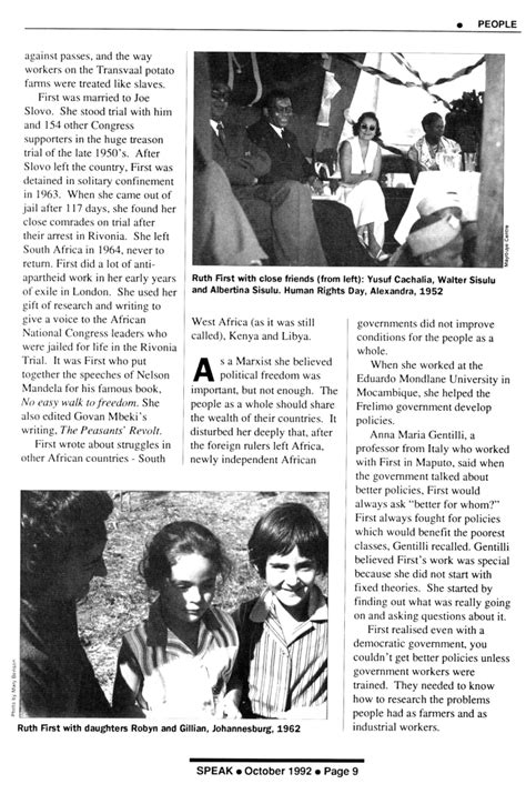Ruth First By Jo Ann Collinge Speak October 1992 Johannesburg South African History Online