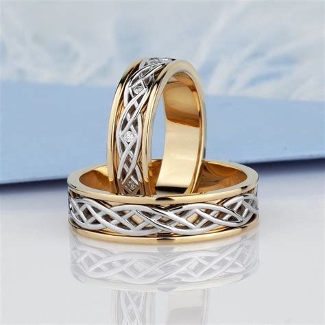 Two Tone Wedding Rings Set With Unique Design Gold Wedding Bands Set