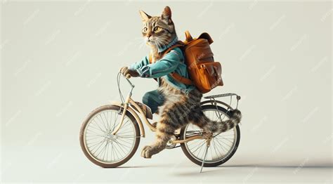 Cute Cat Riding A Bicycle With A School Bag On Its Back In The Style Of