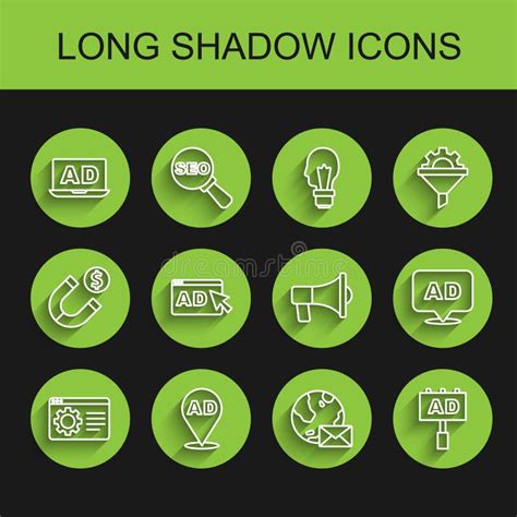 Set Line Browser Setting Advertising Earth Globe With Mail And Megaphone Icon Vector Stock