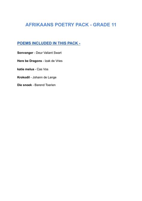 Summary Afrikaans Poetry Grade 11 Afrikaans First Additional Language Or Isixhosa First
