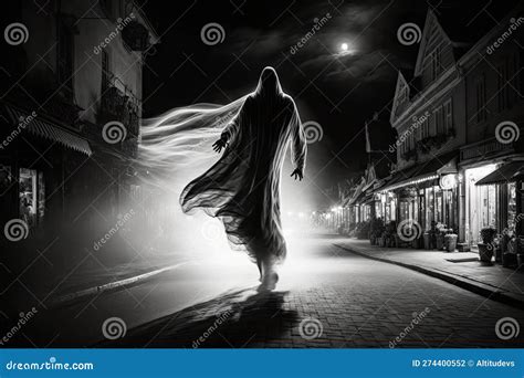 Frightening Evil Spirit In Form Of Ghost Walking On Street At Night