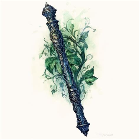 Premium Ai Image A Drawing Of A Sword With A Green Leaf On It
