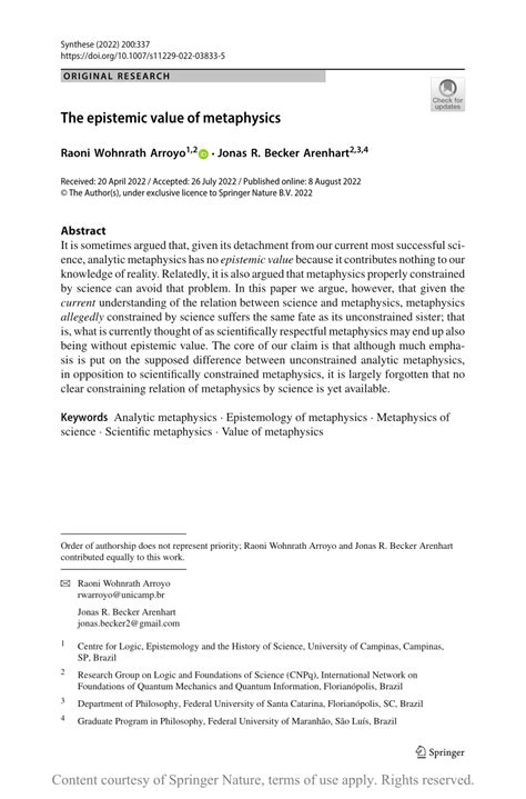 The Epistemic Value Of Metaphysics Request Pdf