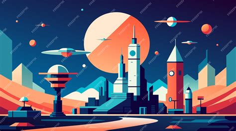 Premium Vector Futuristic Cityscape With Rockets And Planets Vector