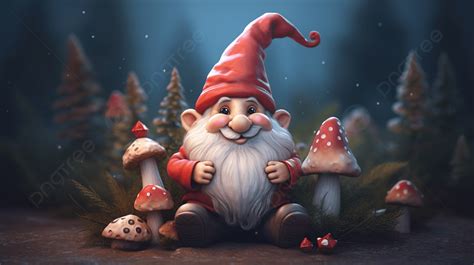 Gnome Sitting On A Tree Surrounded By Mushrooms Background Gnome