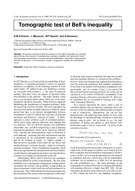 Pdf Tomographic Test Of Bells Inequality Massimiliano Sacchi