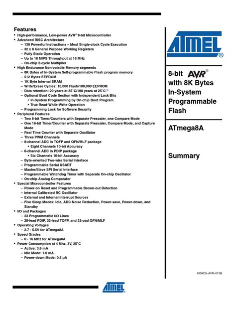 8 bit with 8k bytes in system programmable flash atmega8a features