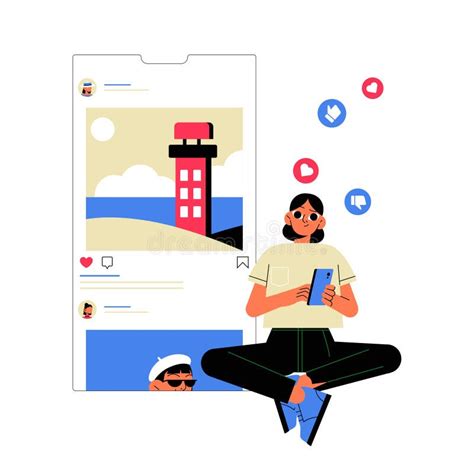 Female User Browsing Social Media In Flat Vector Illustration Symbolizing Digital Content
