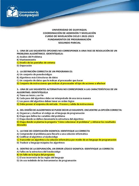 Cuestionario Programación 2do Parcial Pdf Algoritmos Lenguaje De