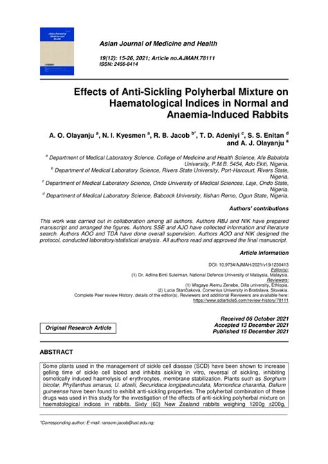 Pdf Effects Of Anti Sickling Polyherbal Mixture On Haematological