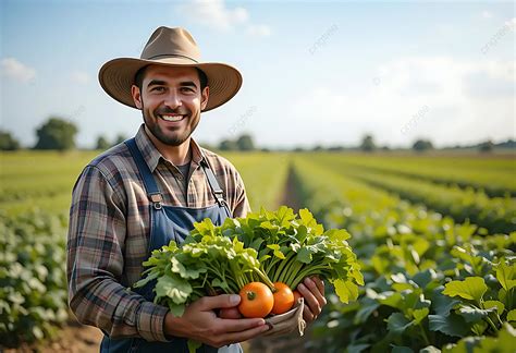 Petani Bahagia Memegang Sayuran Segar Di Ladang Makanan Segar