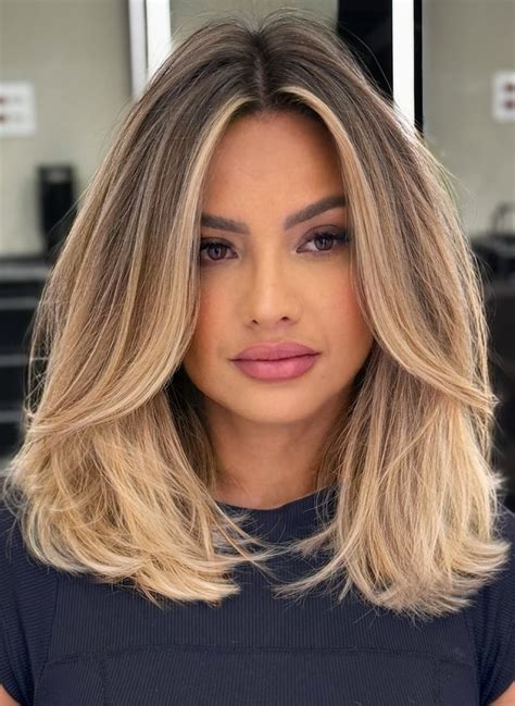Beige Bronde Long Bob With Face Framing Curtain Bangs