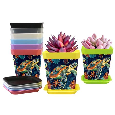 8 Pack Seafaring Turtle Printed Plant Pots With Drainage Holes And Base
