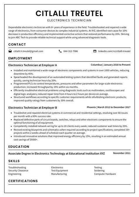 Electronics Technician Resume Cv Example And Writing Guide