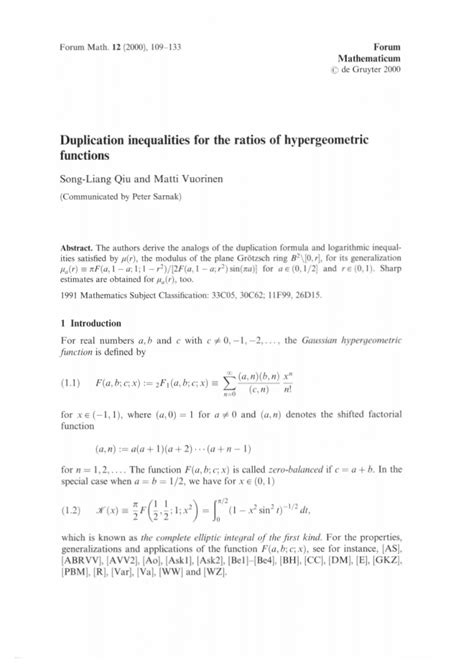Pdf Duplication Inequalities For The Ratios Of Hypergeometric Functions