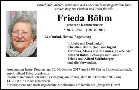 Traueranzeigen Von Frieda Böhm Mittelbayerische Trauer