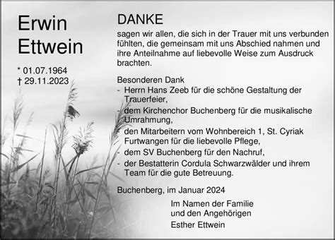 Traueranzeigen Von Erwin Ettwein Schwarzwälder Bote Trauer