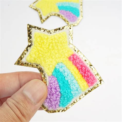 Glitter Rainbow Chenille Patchrainbow Star Chenille Patch Gold Rim