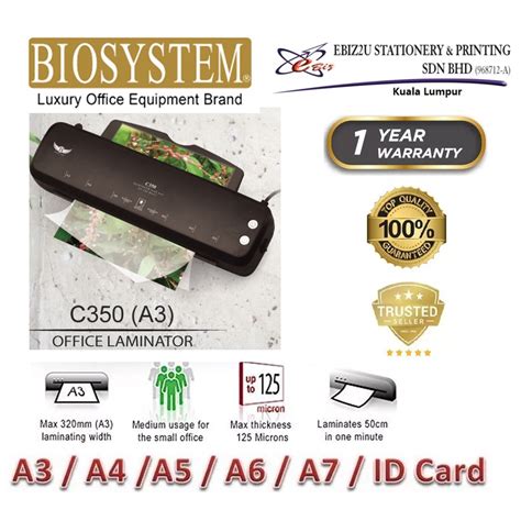 Biosystem C350 A3 Size Laminator 2 Rollers 1 Year Warranty House