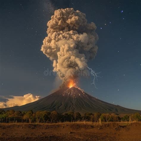 Erupting Volcano At Night With Ash Cloud And Lightning Striking Over
