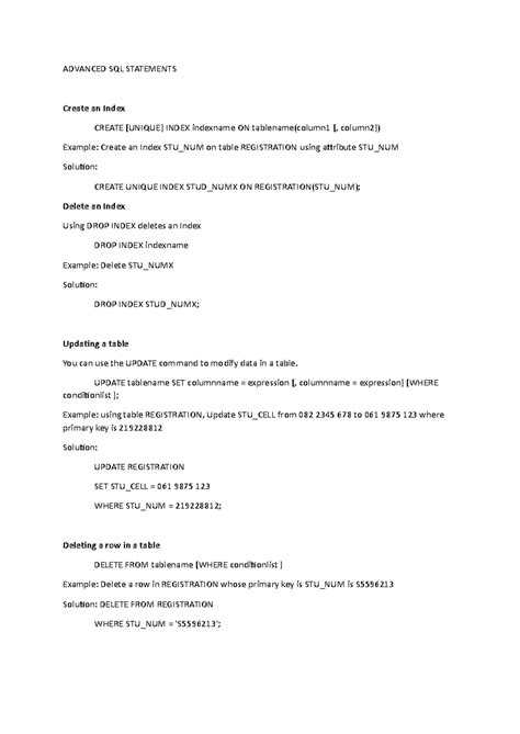Advanced Sql Statements Pt1 Advanced Sql Statements Create An Index