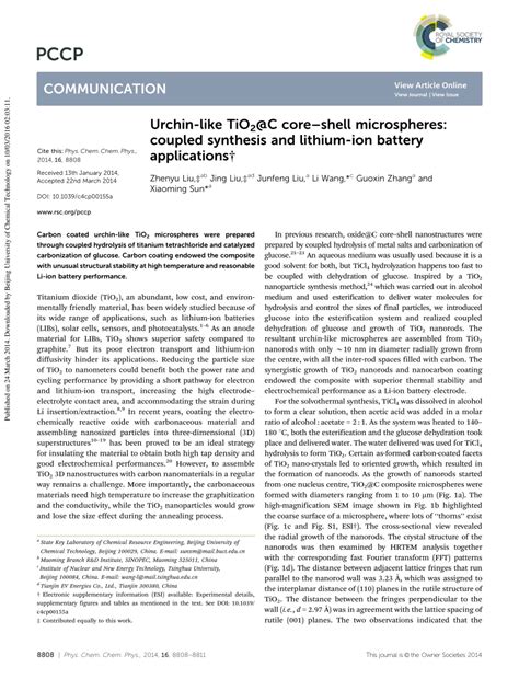 Pdf Urchin Like Tio2c Core Shell Microspheres Coupled Synthesis And