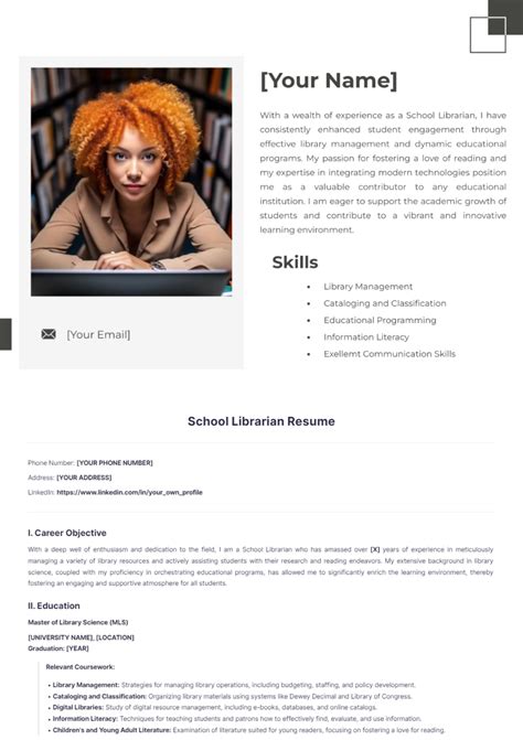 Free School Librarian Resume Template To Edit Online