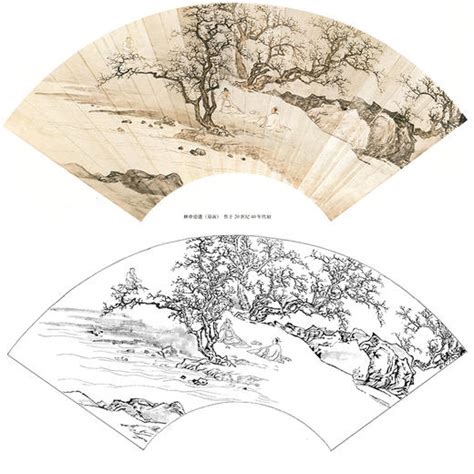工笔山水人物白描底稿 陈少梅扇面小品《林中论道》 多种白描尺寸可选 Ts11 桔舍