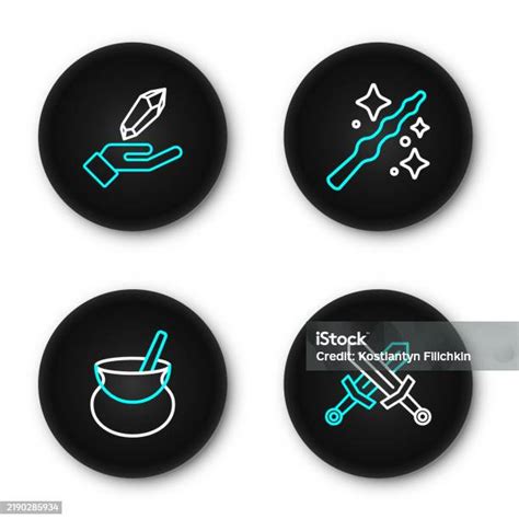 세트 라인 교차 중세 검 마녀 가마솥 마술 지팡이 및 돌 아이콘 벡터 가마솥에 대한 스톡 벡터 아트 및 기타 이미지 가마솥