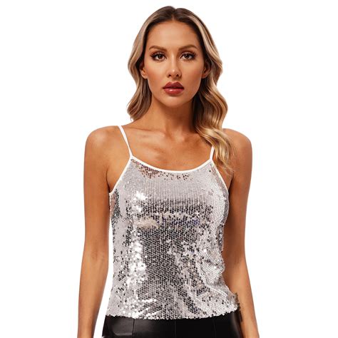 Tiaobug Womens Shiny Sequin Patchwork Slim Fit Camisole Spaghetti