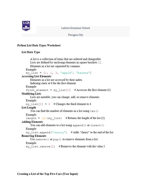 List Data Types Worksheet Pdf Computer Programming Computing