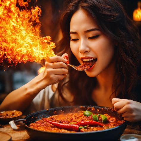 Lexica A Woman Eating Spicy Food Tongue Is Burning Include Fire