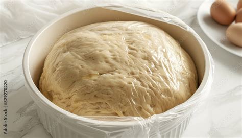Proofed Fermented Bread Dough Covered In Plastic Wrap Doubled In Size