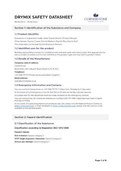 Cornerstone Drymix Safety Data Sheet Nbs Source