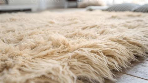 Close Up Of Luxurious Cream Color Sheepskin Rug Fluffy Texture Interior