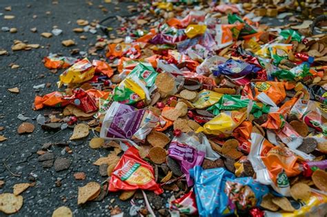 Premium Photo Pile Of Various Chips And Candy Wrappers On Roadside