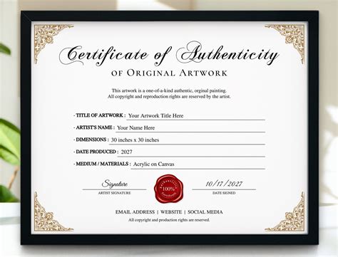 Editable Certificate Of Authenticity Printable Certificate Of