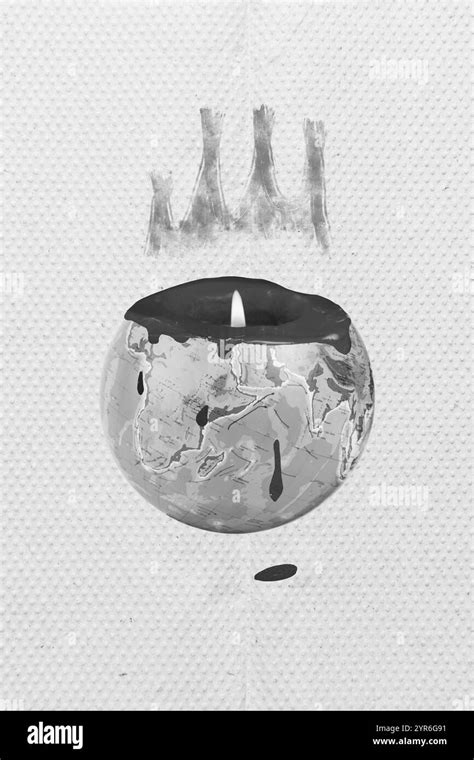 Collage Photo Concept Of World Hot Climate Changing Candle Fire Inside