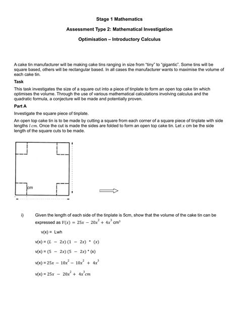 Optimisation Introductory Calculus Specialist Mathematics Year 11