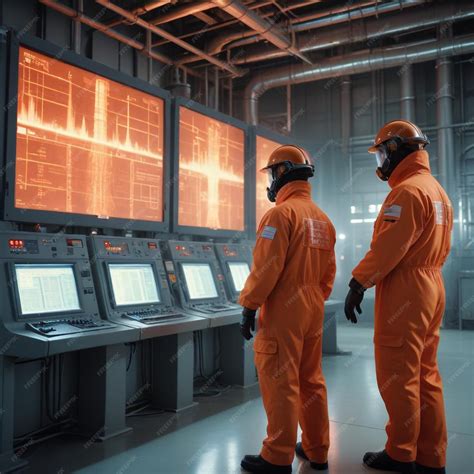 Group Of Men In Blue Uniforms Walking In Front Of A Nuclear Power Plant