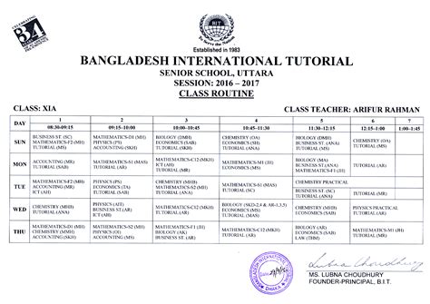 Bitl Bangladesh International Tutorial Limited Class Routine