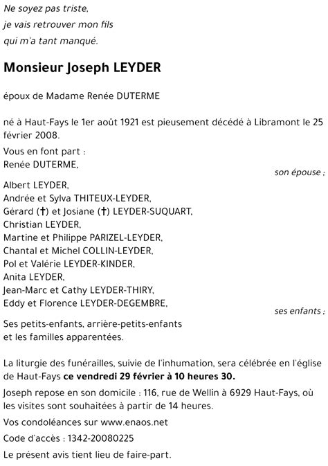 Avis De Décès De Joseph Leyder Décédé Le 25 02 2008 à Libramont