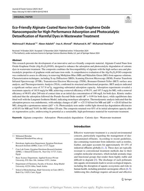 Eco Friendly Alginate Coated Nano Iron Oxide Graphene Oxide
