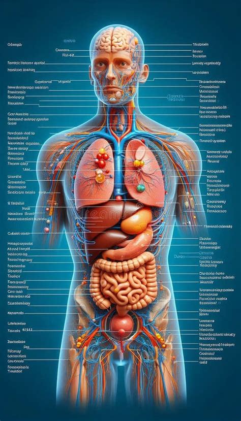 Human Anatomy Illustration With Labelled Organs And Systems Stock