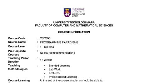Csc305 Programming Paradigms Course Information And Sow Sem Mar 2024